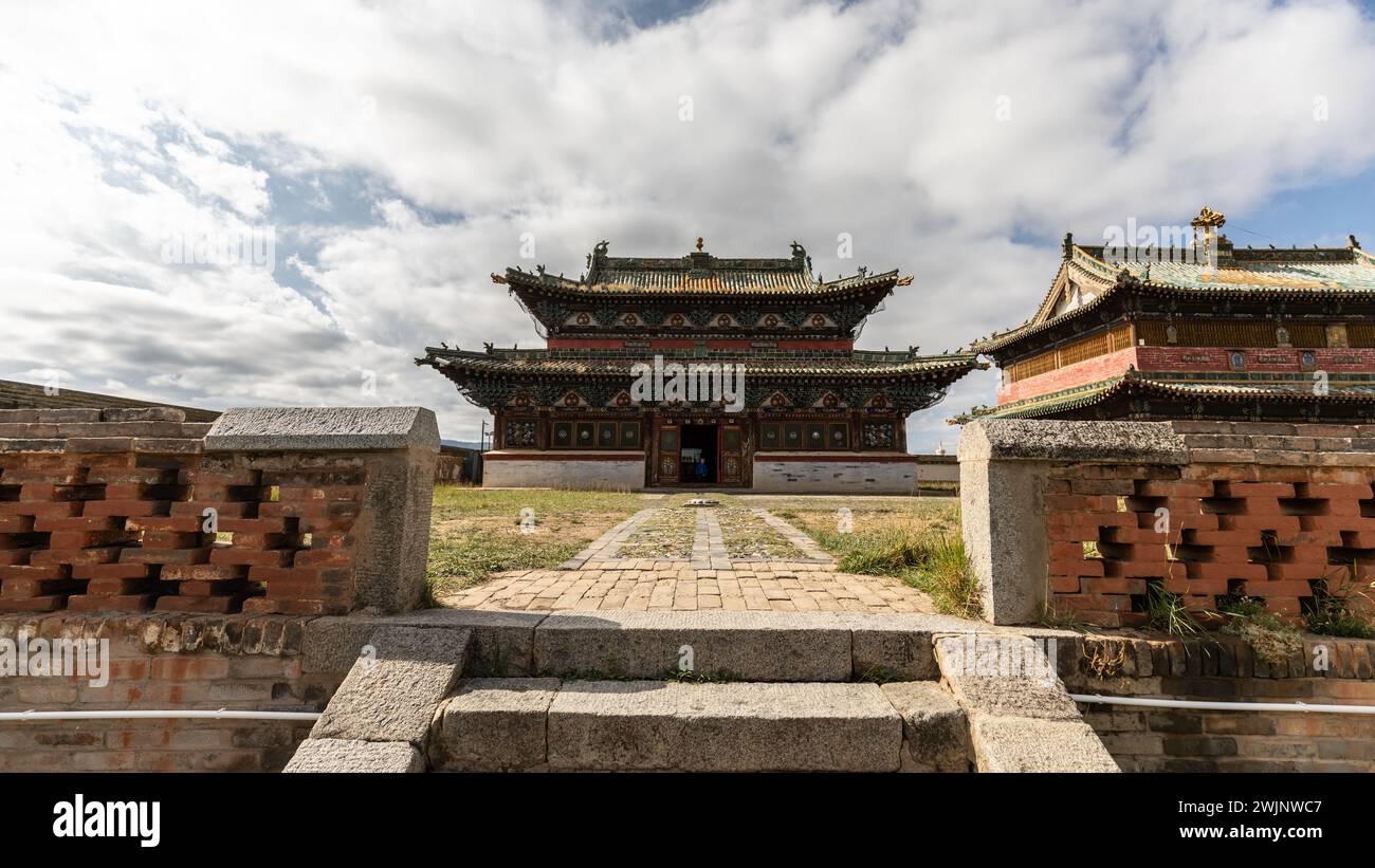 An imposing reception building of a traditional Mongolian monastery in ...