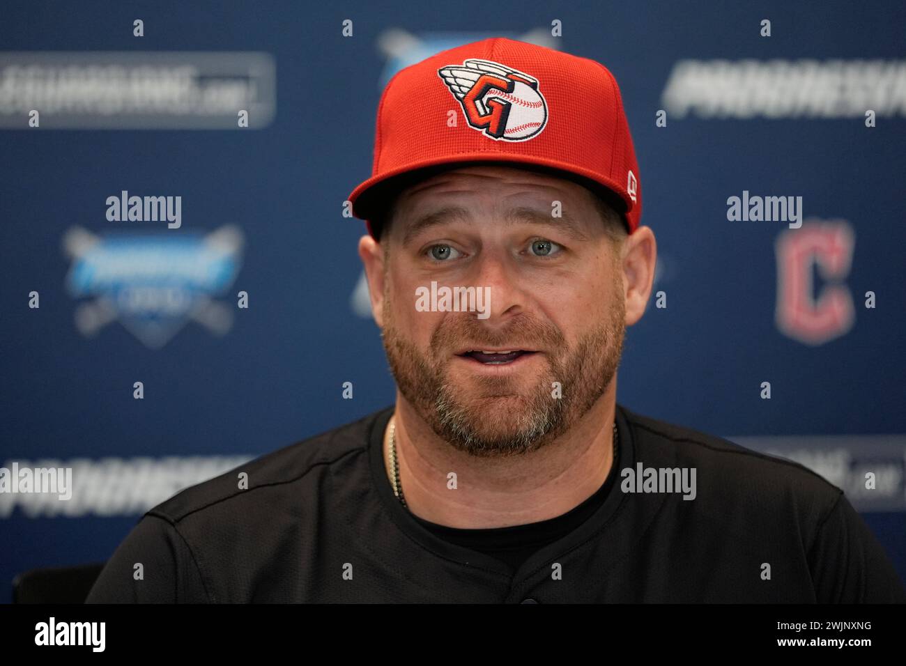 Cleveland Guardians manager Stephen Vogt speaks to media at spring ...