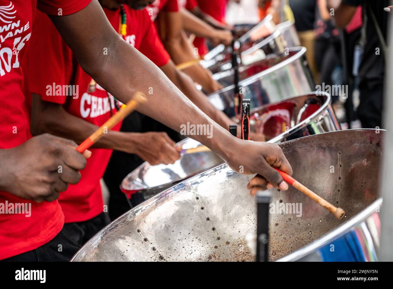 Pannists playing the steel pan on World Steel Pan Day Trinidad and ...