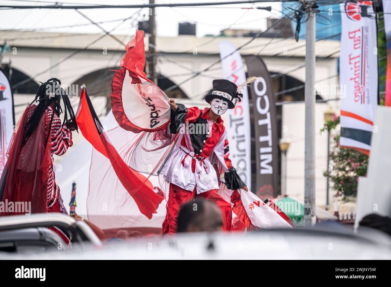 World Steel Pan Day celebration Moko Jumbie parade Stock Photo - Alamy