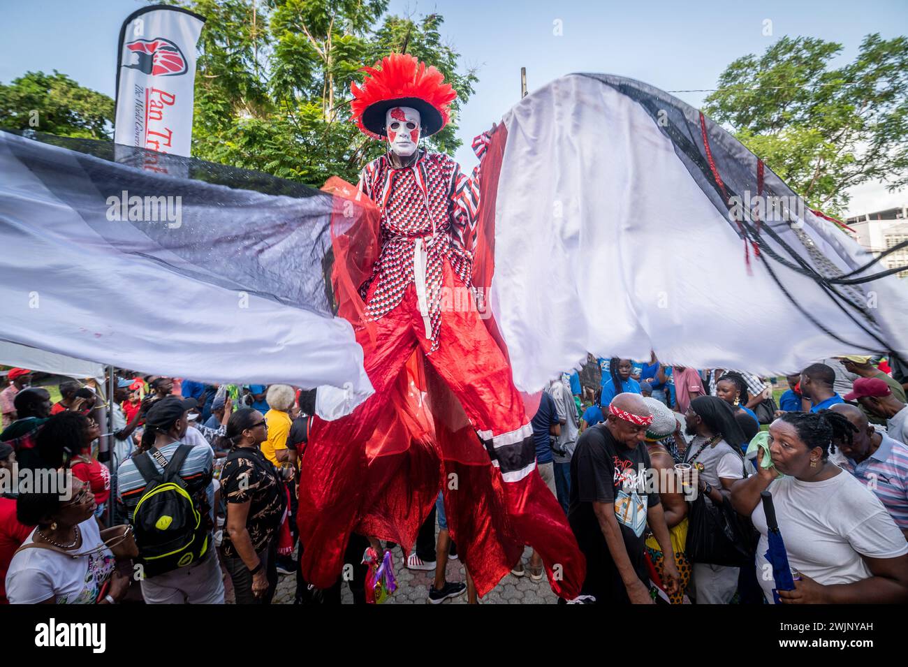 World Steel Pan Day celebration Moko Jumbie parade Stock Photo - Alamy