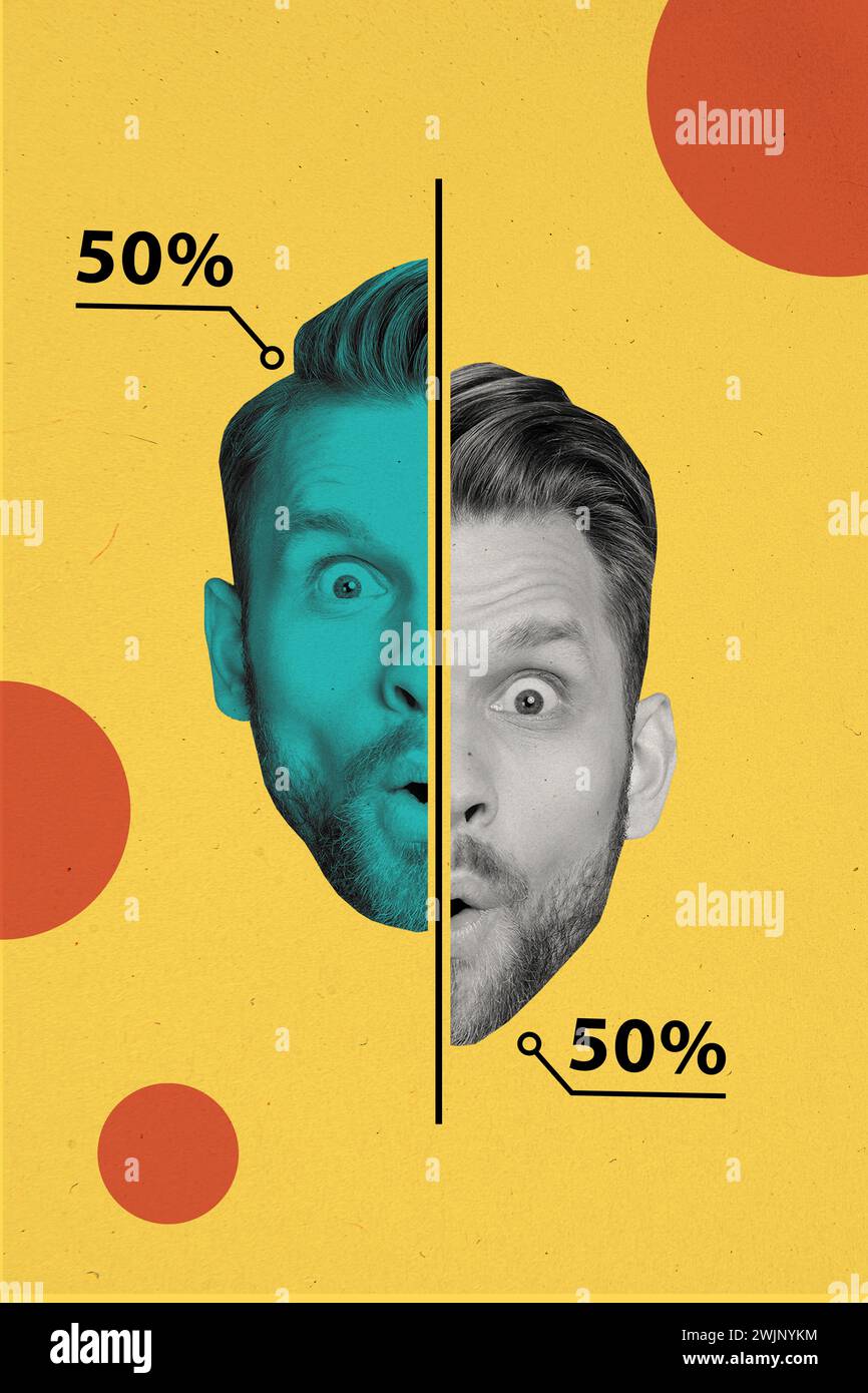 Vertical collage picture of 50 percent half divided face head impressed ...