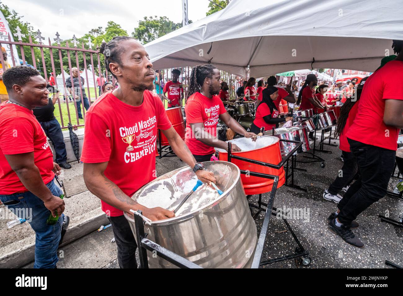People celebrating World Steel Pan Day Parade in Trinidad and Tobago ...