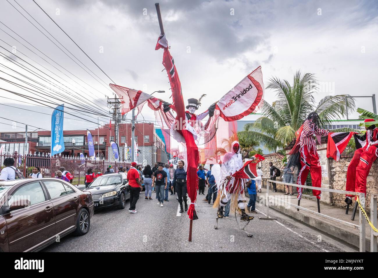 World Steel Pan Day celebration Moko Jumbie parade Stock Photo - Alamy