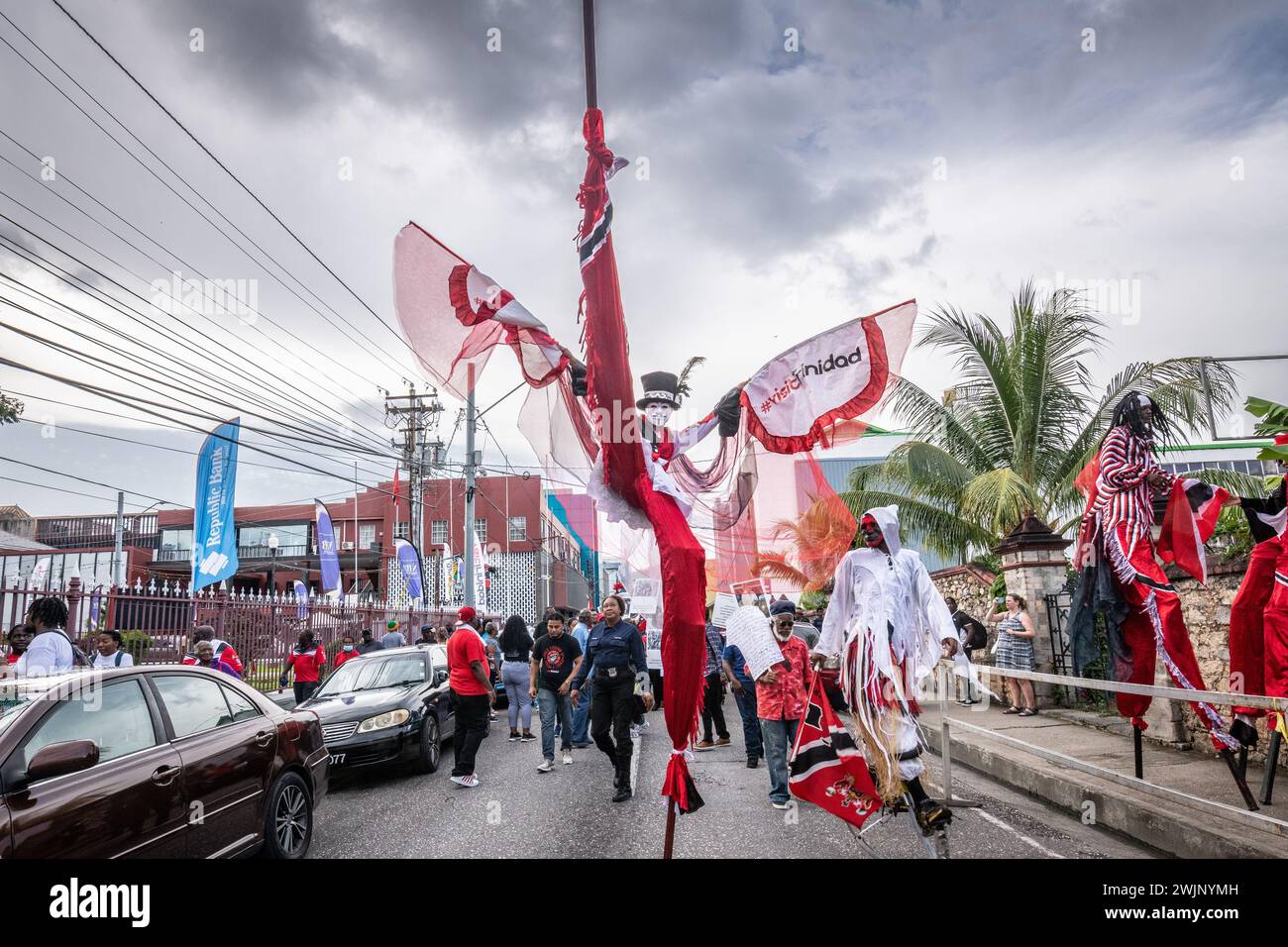 World Steel Pan Day celebration Moko Jumbie parade Stock Photo - Alamy