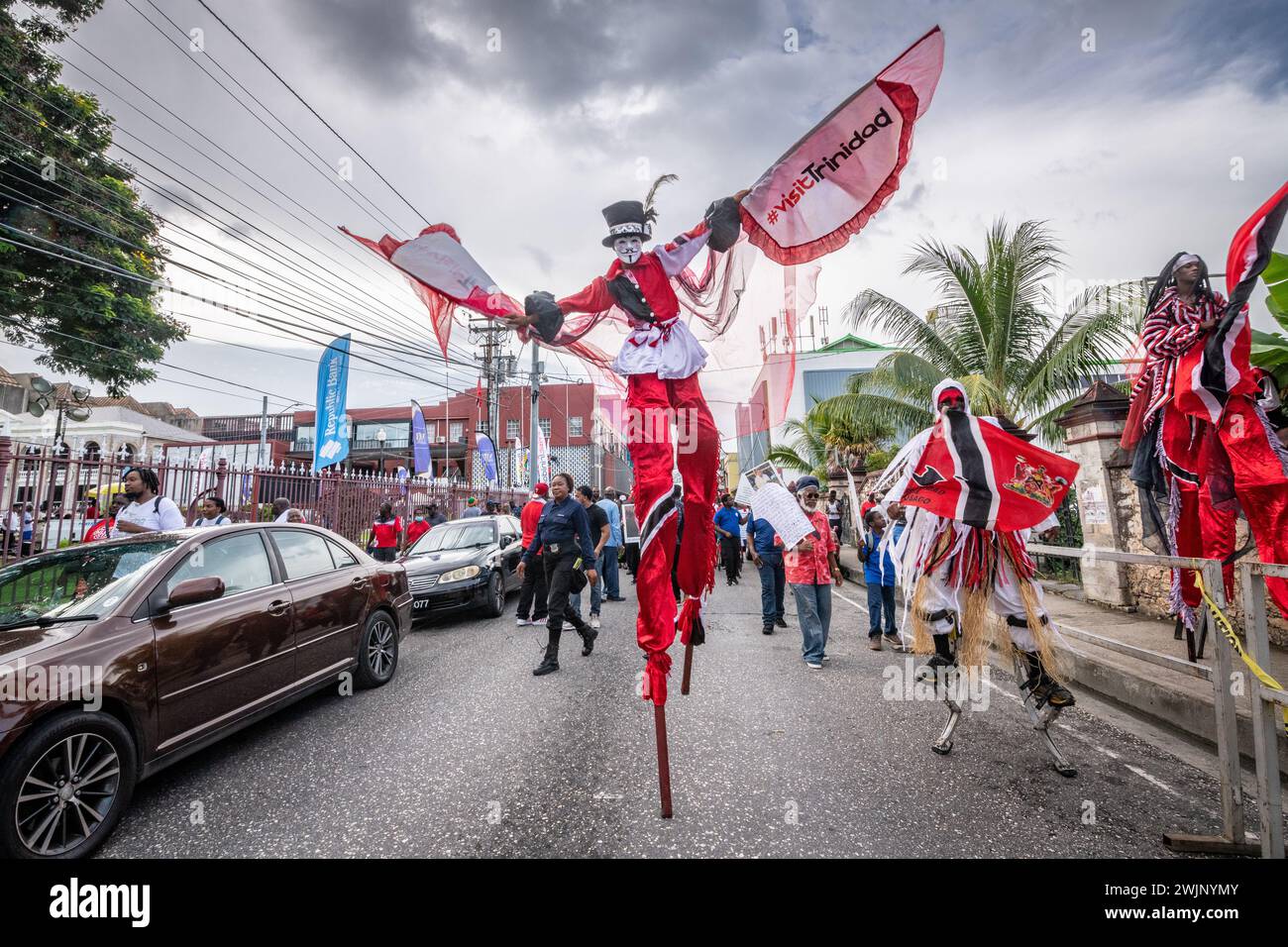 World Steel Pan Day celebration Moko Jumbie parade Stock Photo - Alamy
