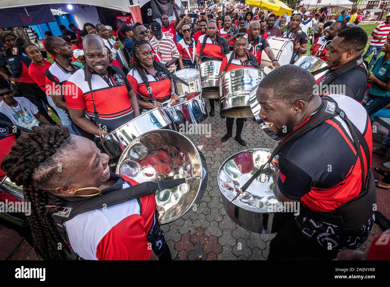 People celebrating World Steel Pan Day Parade in Trinidad and Tobago ...