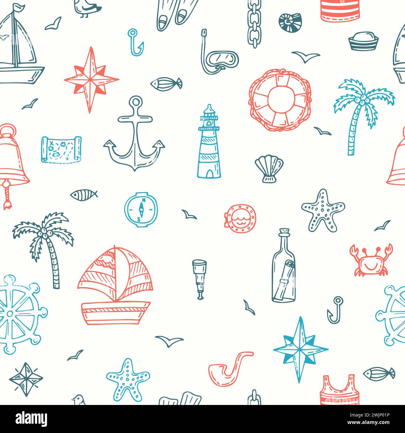 Cute hand drawn seamless pattern with nautical elements. Marine symbols ...