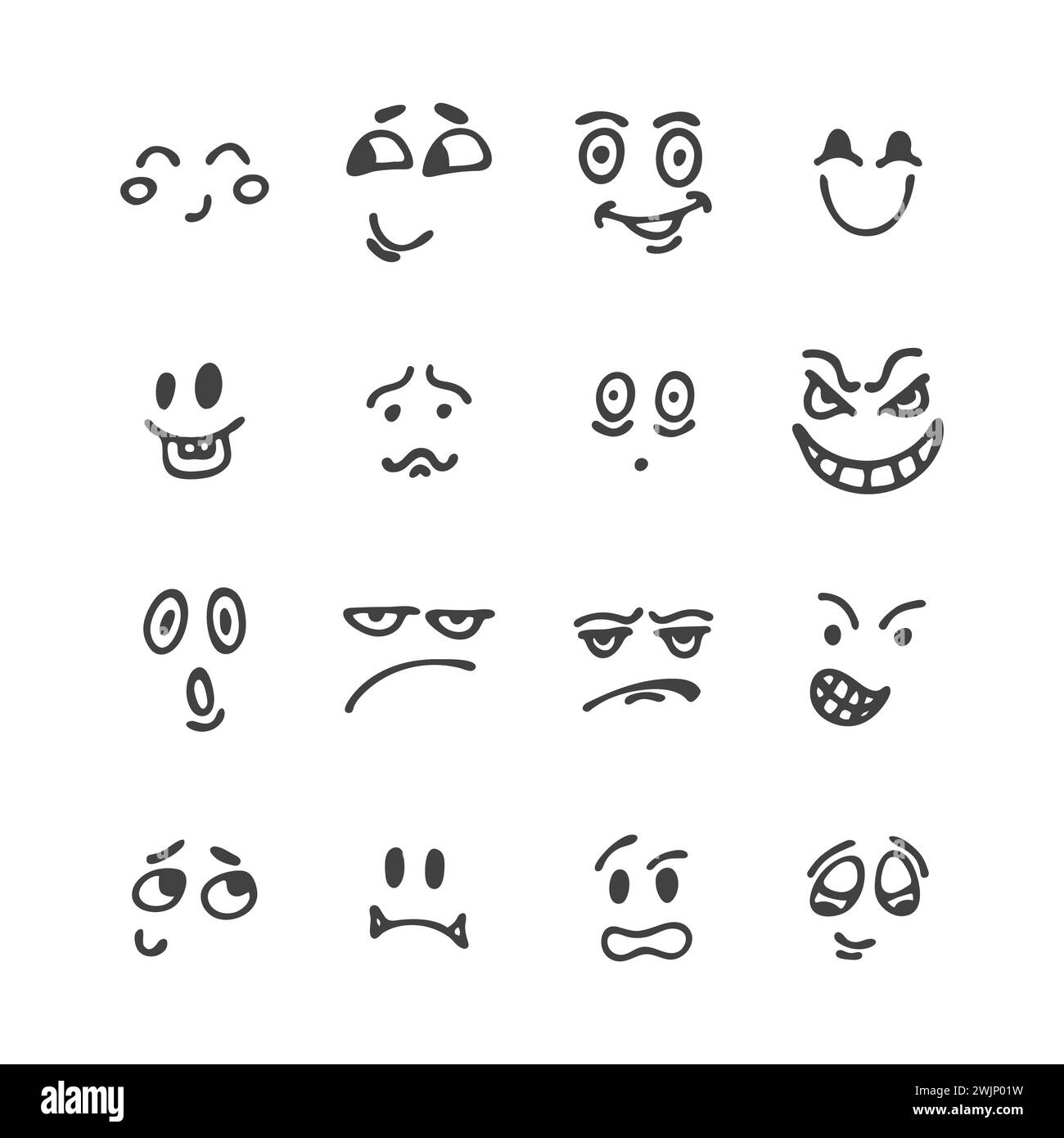 Set of hand drawn funny faces. Happy faces. Sketched facial expressions ...