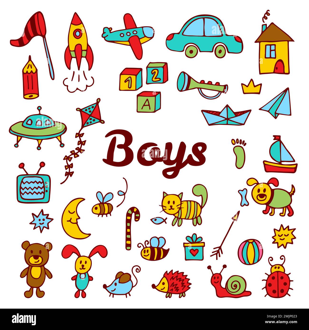 Boys design elements. Cute hand drawn boys collection of toys. Vector ...
