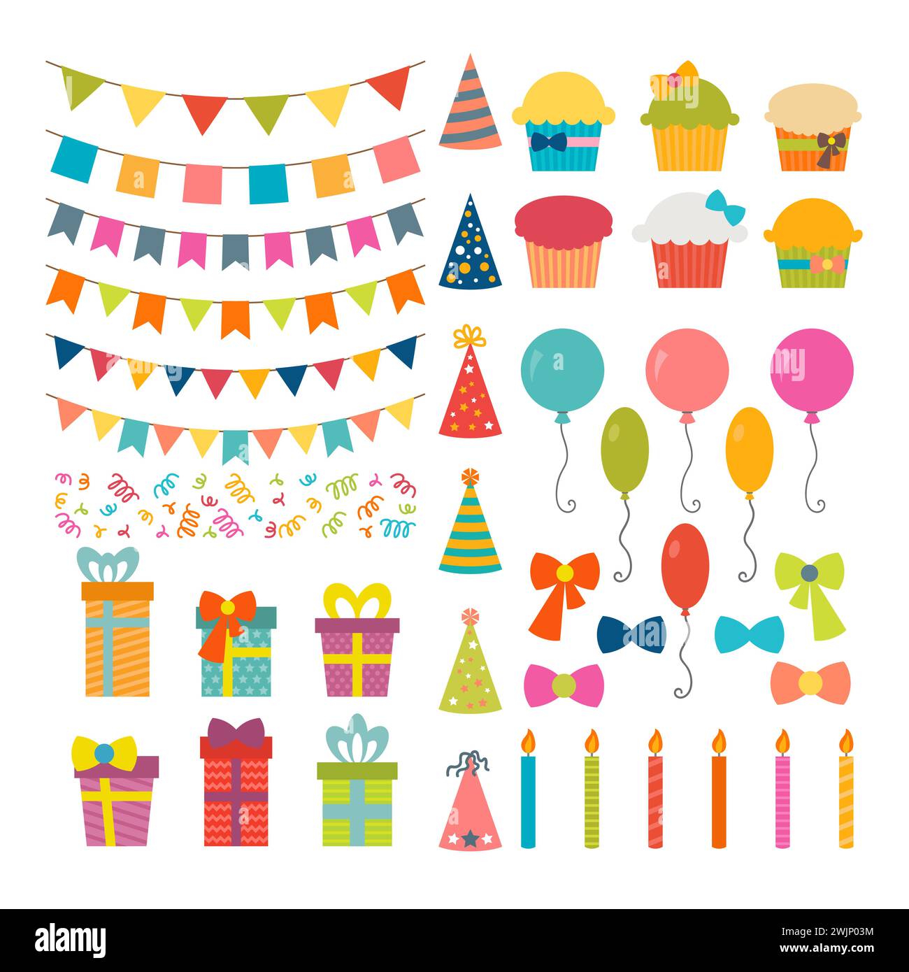 Set of birthday party design elements. Colorful balloons, flags ...