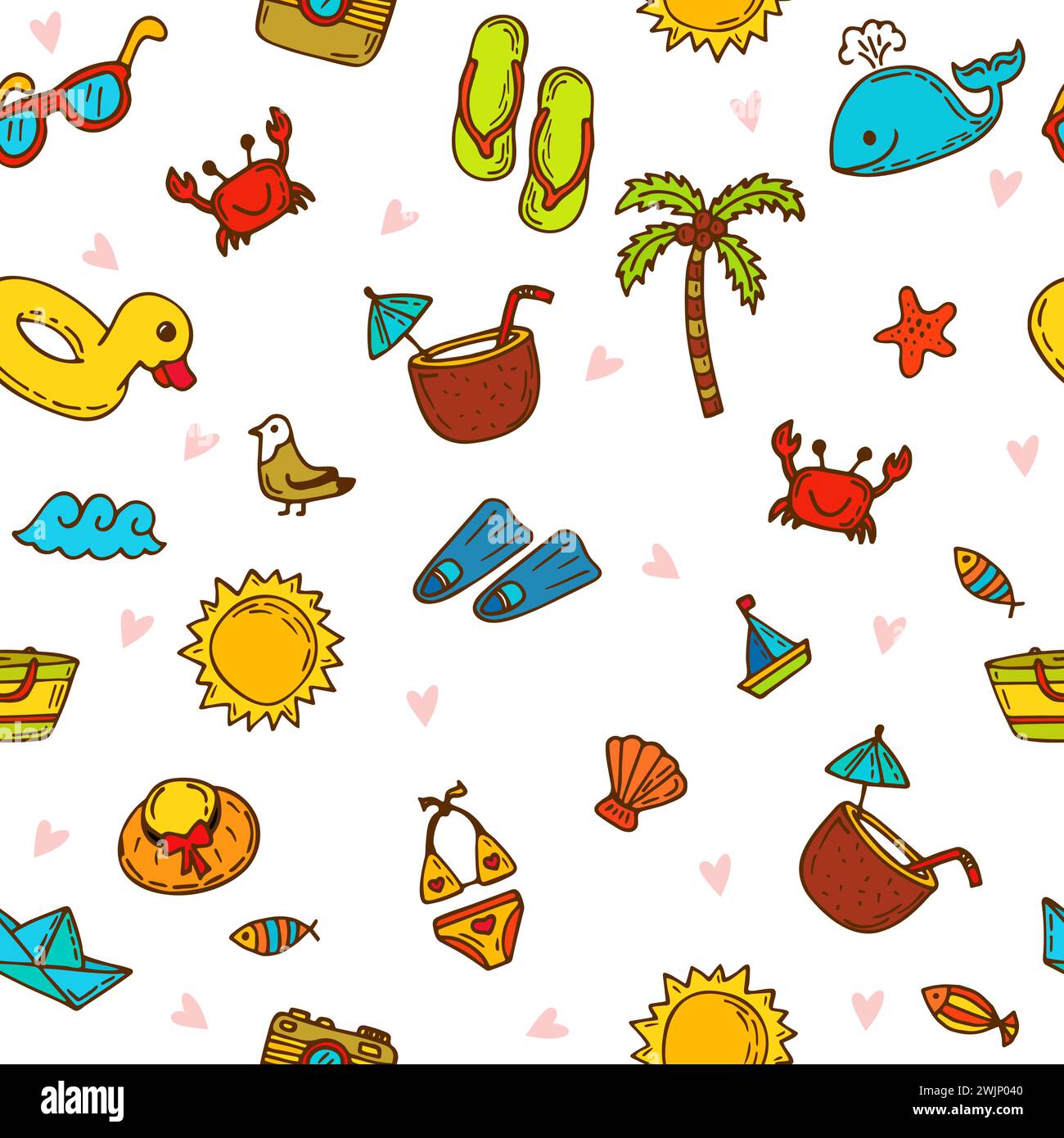 I love summer. Seamless summer pattern with hand drawn beach icons ...