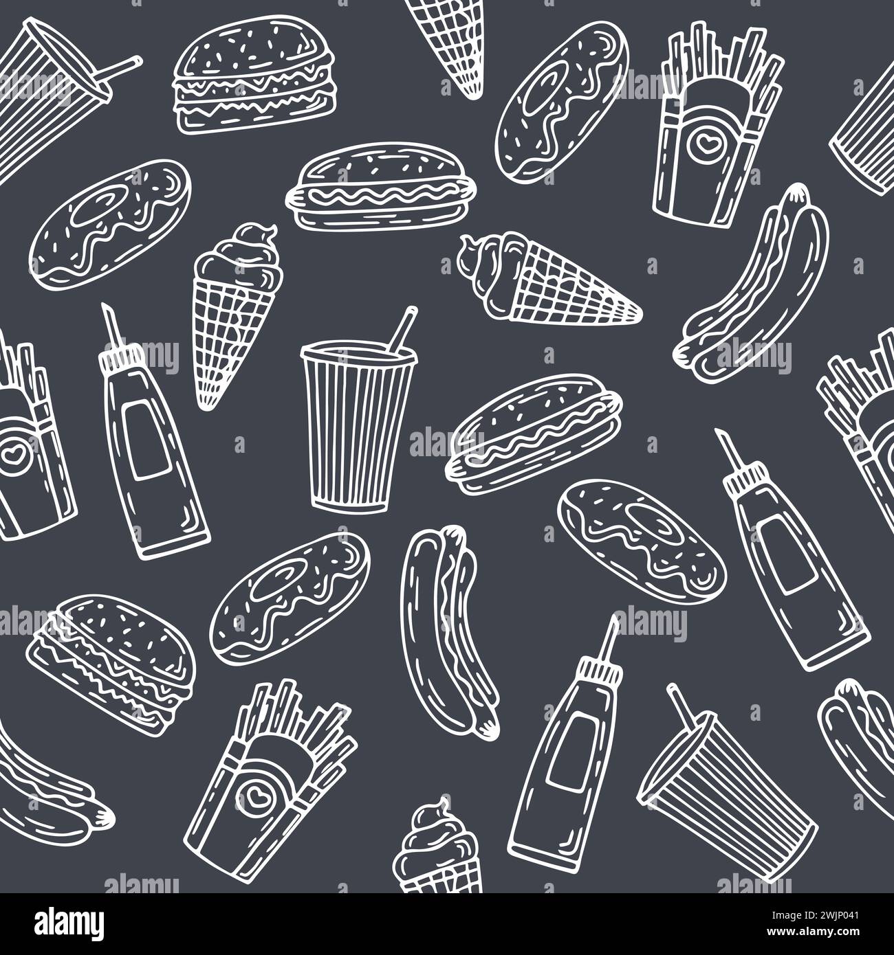Fast food seamless pattern. Hand drawn food background. Background template for restaurant ...