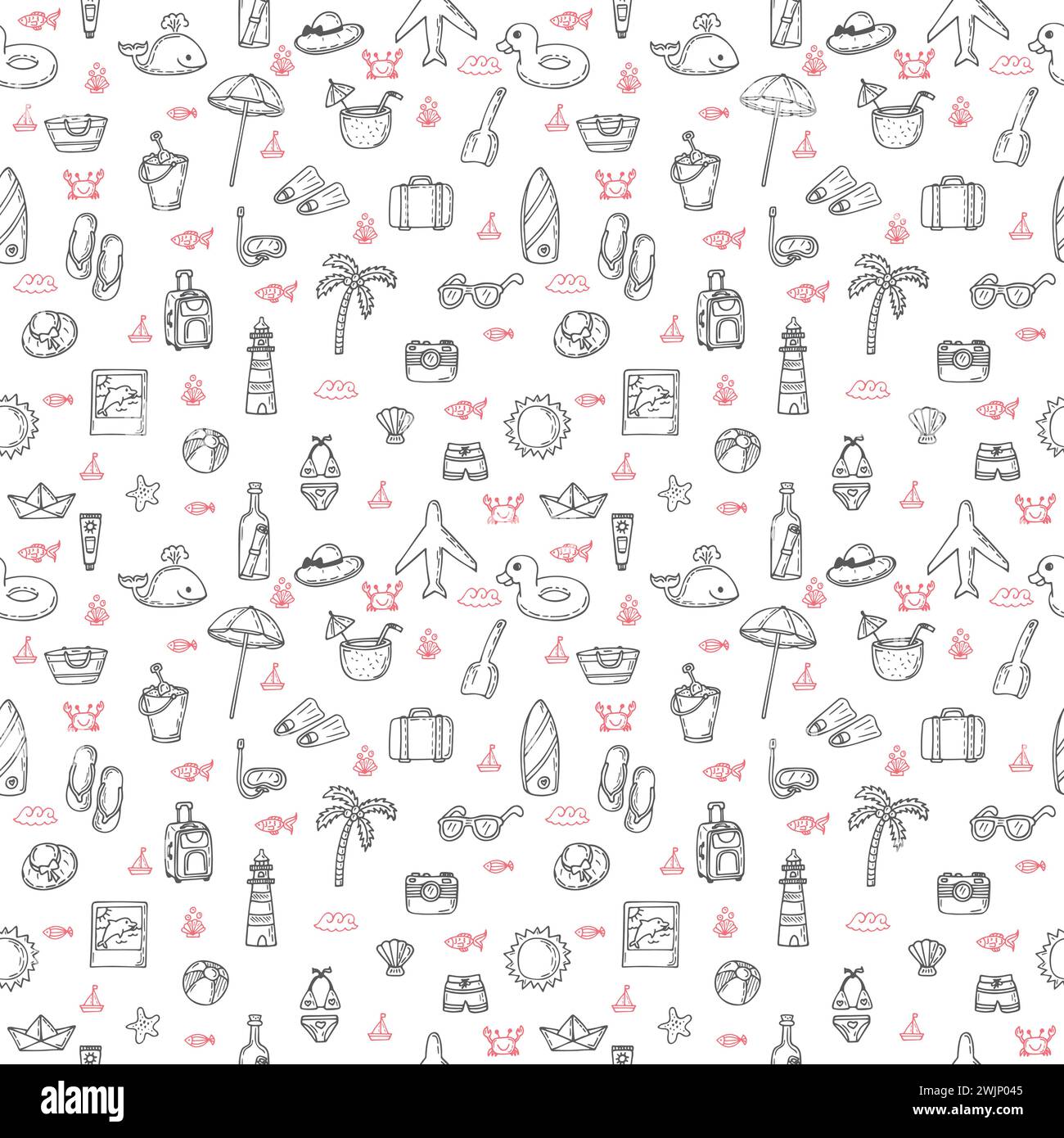 Cute hand drawn summer theme seamless pattern. Beach theme background ...