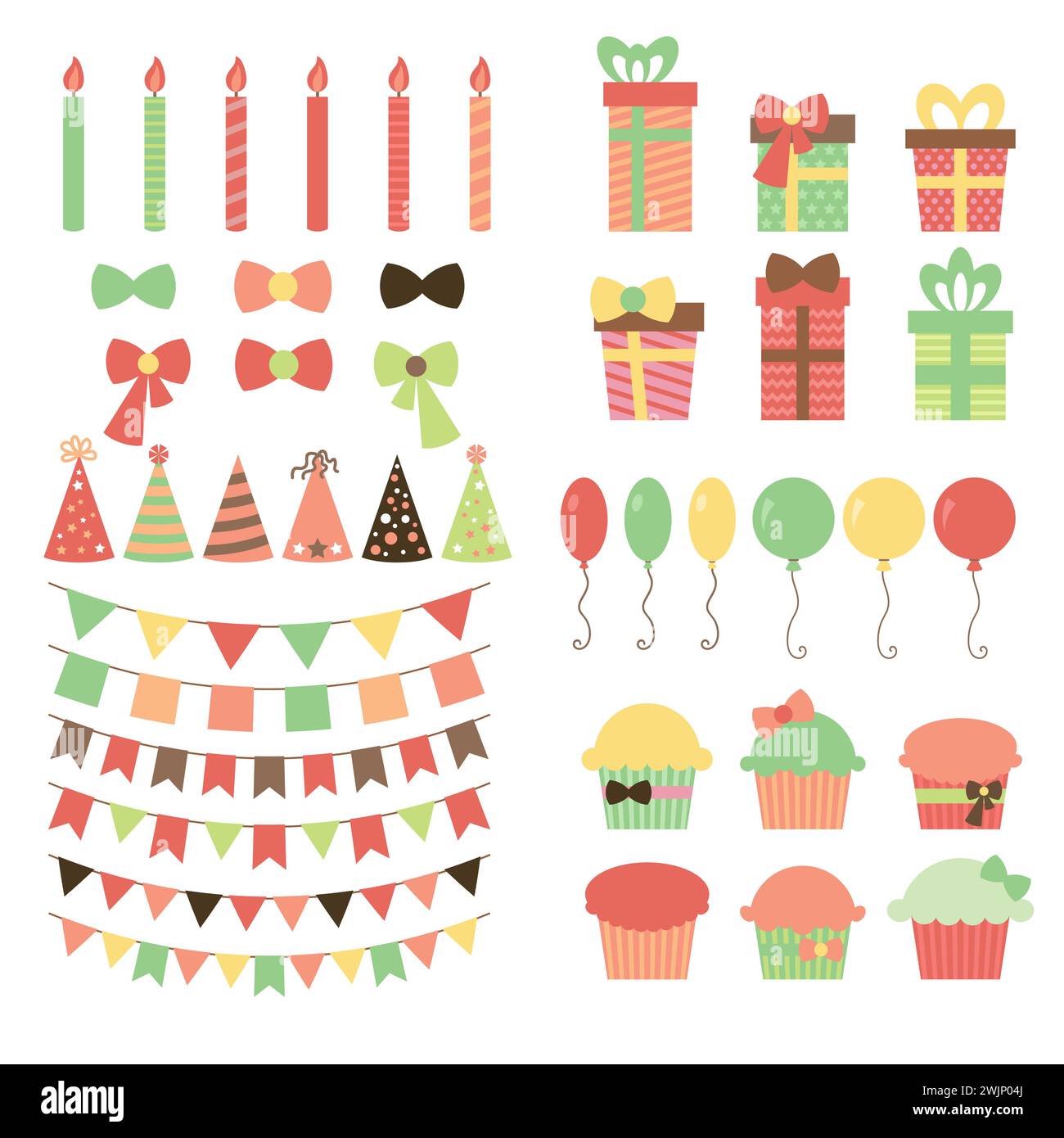 Set of birthday party design elements. Colorful balloons, flags ...