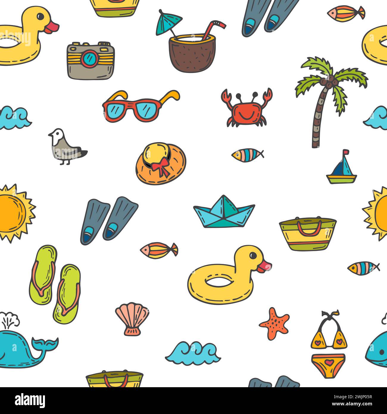 Seamless summer pattern with hand drawn beach icons. Vector beach ...