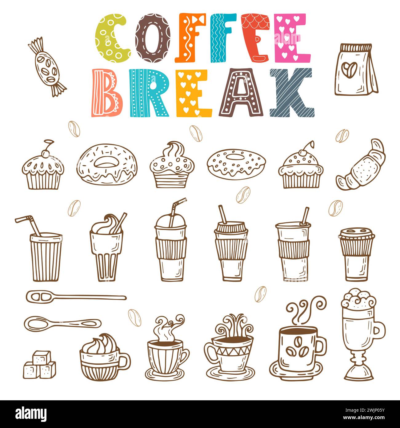 Coffee break. Vector doodle set. Hand drawn coffee elements. Vector ...