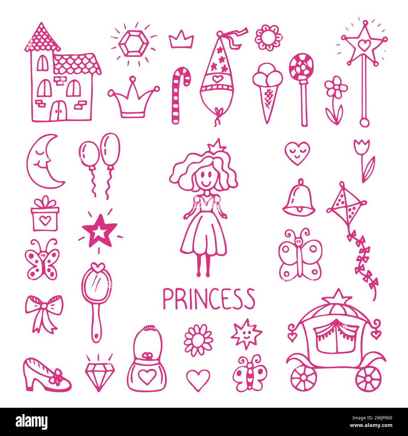Hand drawn design elements of little princess. Sketchy fairy tale ...