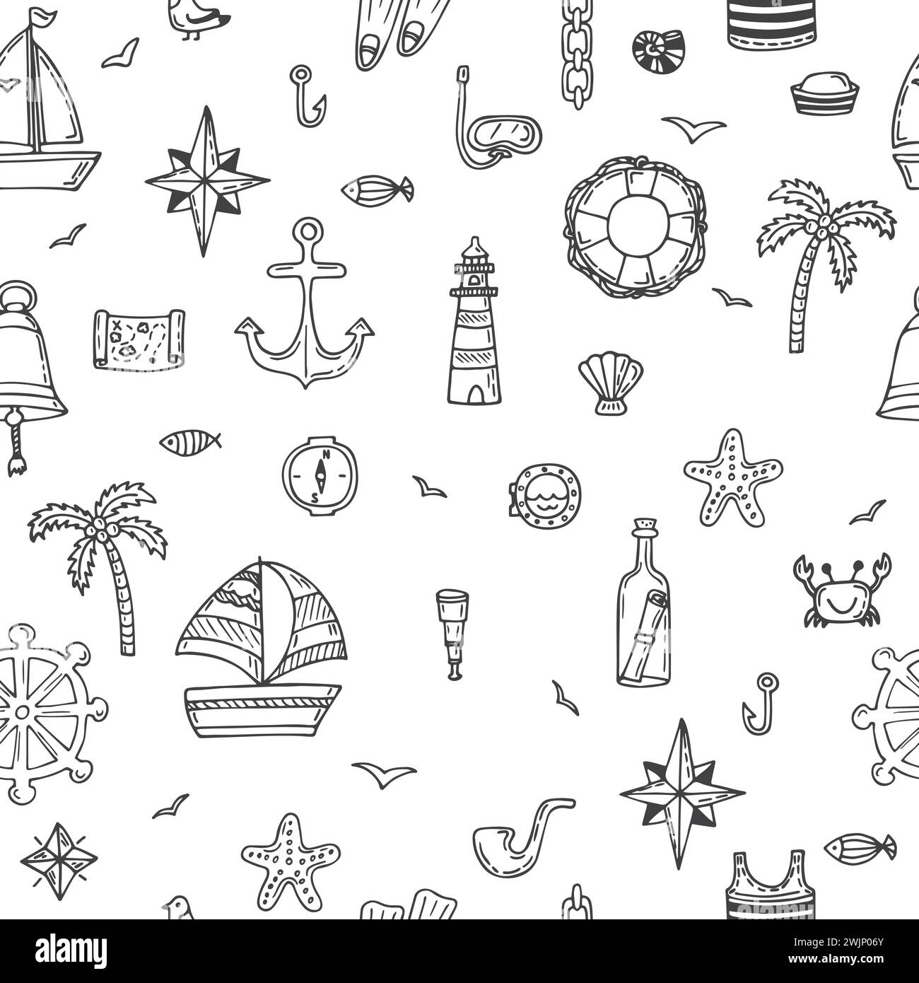 Hand drawn seamless nautical pattern. Nautical icons. Marine symbols ...
