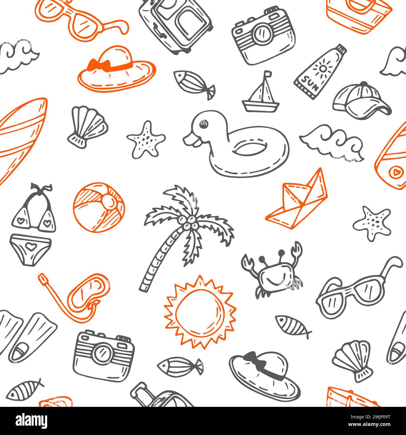 Hand drawn seamless summer pattern with beach icons. Background on a ...