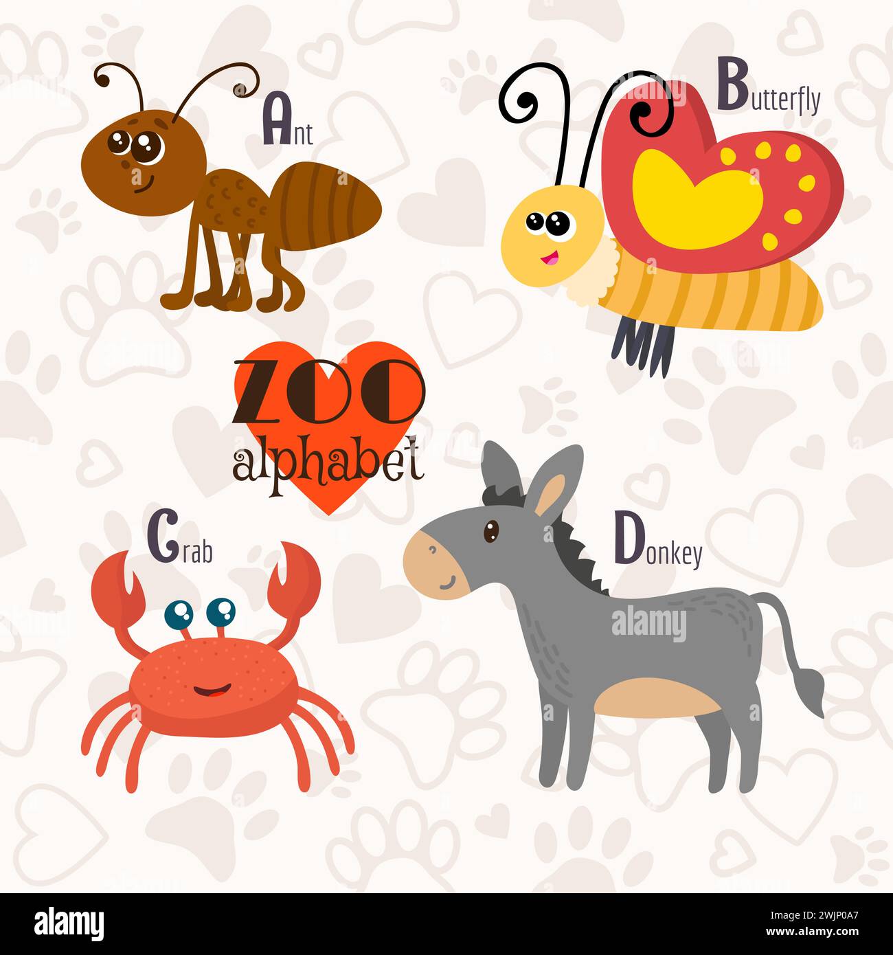 Zoo alphabet with funny animals. A, b, c, d letters. Ant, butterfly ...