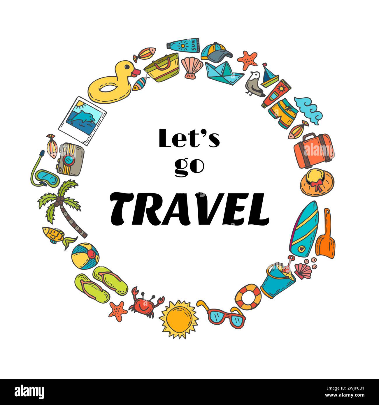 Let's go travel. Hand drawn travel concept. Cute postcard. Adventure ...