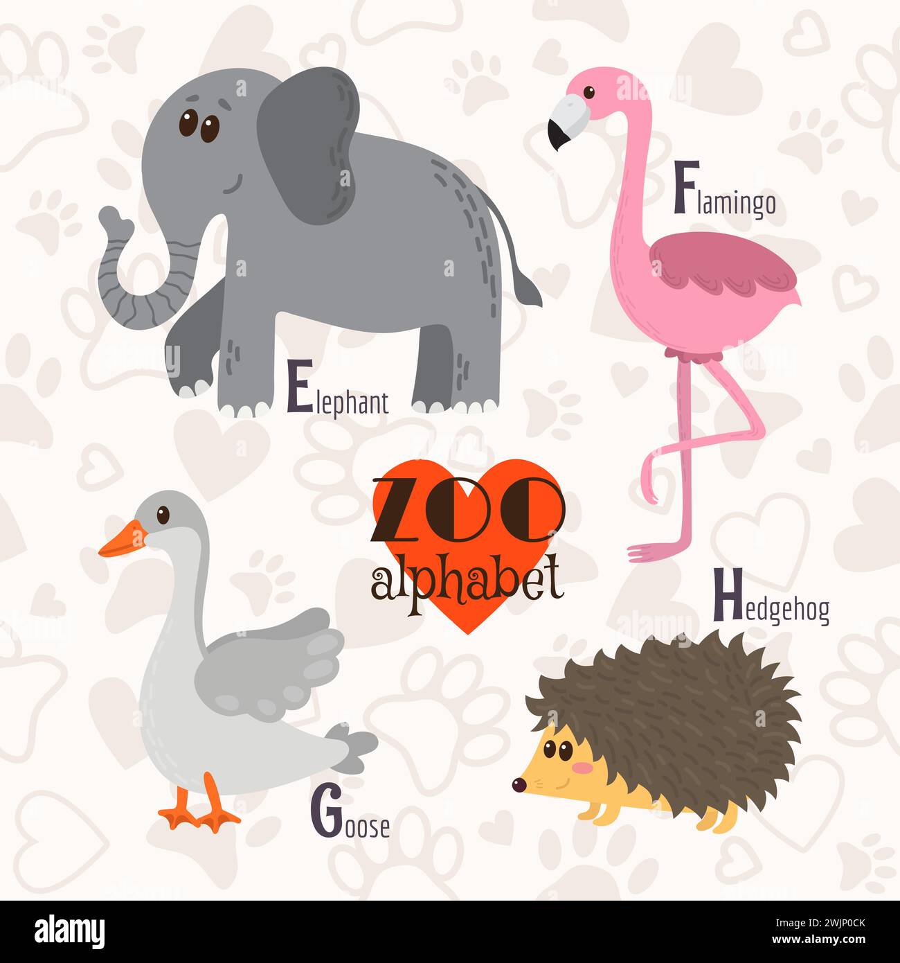 Zoo alphabet with funny animals. E, f, g, h letters. Elephant, flamingo, goose, hedgehog. Vector ...