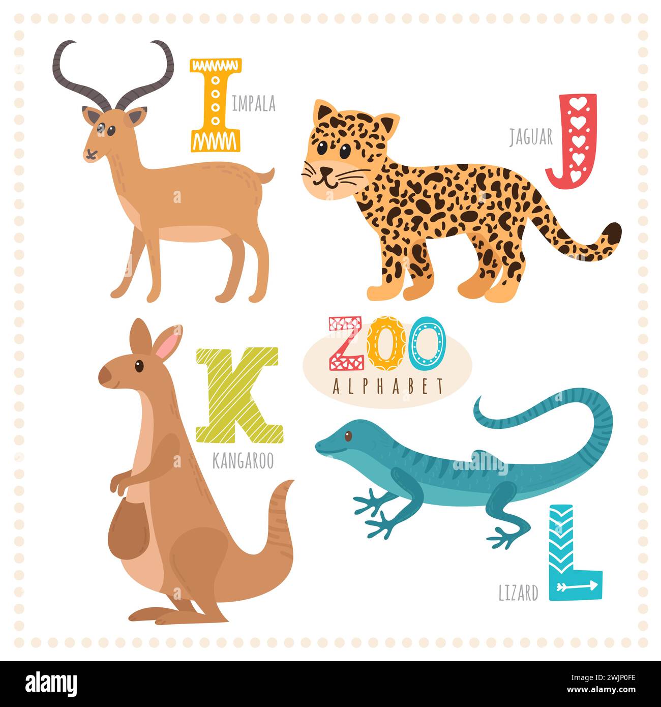 Cute cartoon animals. Zoo alphabet with funny animals. I, j, k, l ...