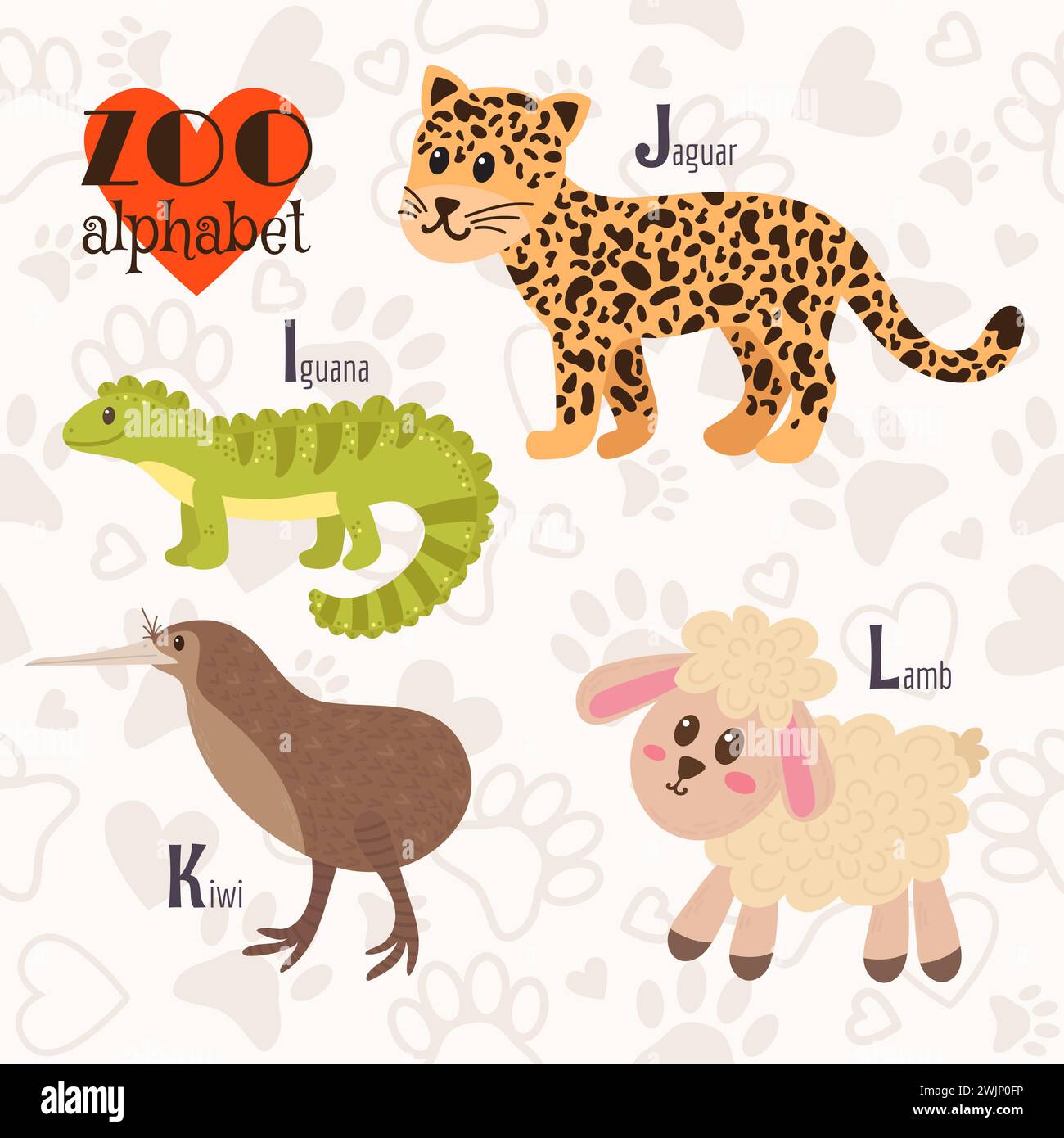 Zoo alphabet with funny animals. I, j, k, l letters. Iguana, jaguar ...