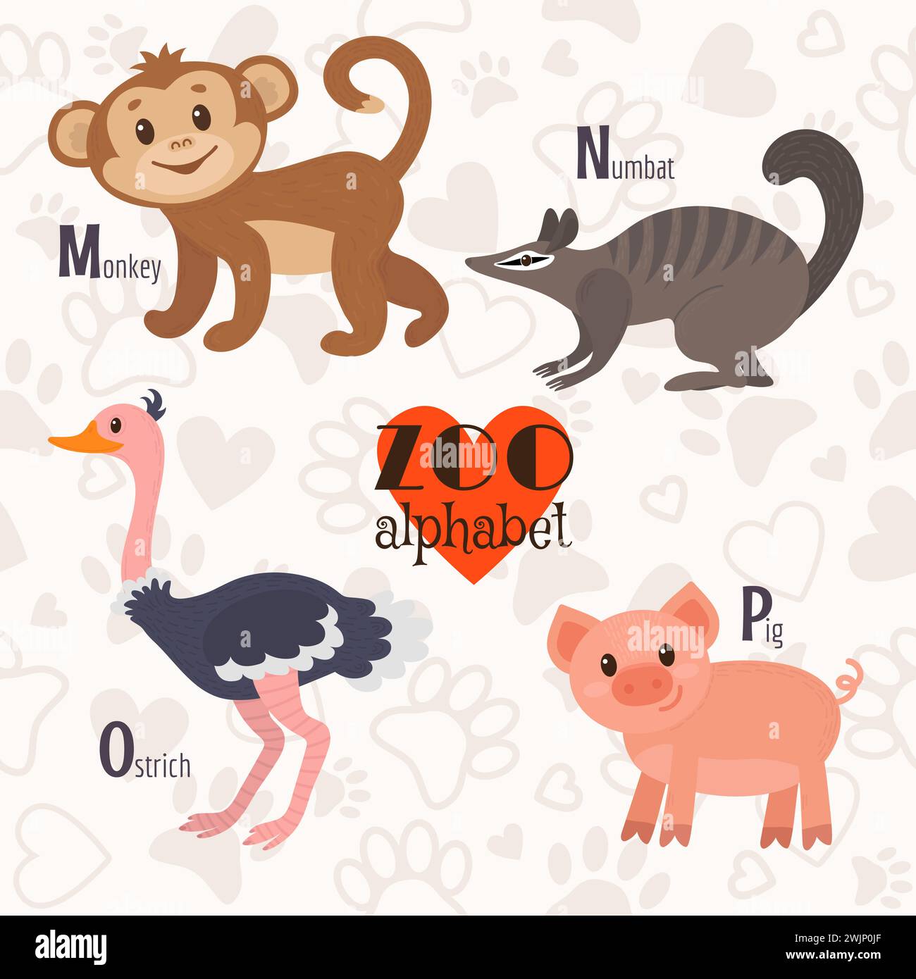 Zoo alphabet with funny animals. M, n, o, p letters. Monkey, numbat ...