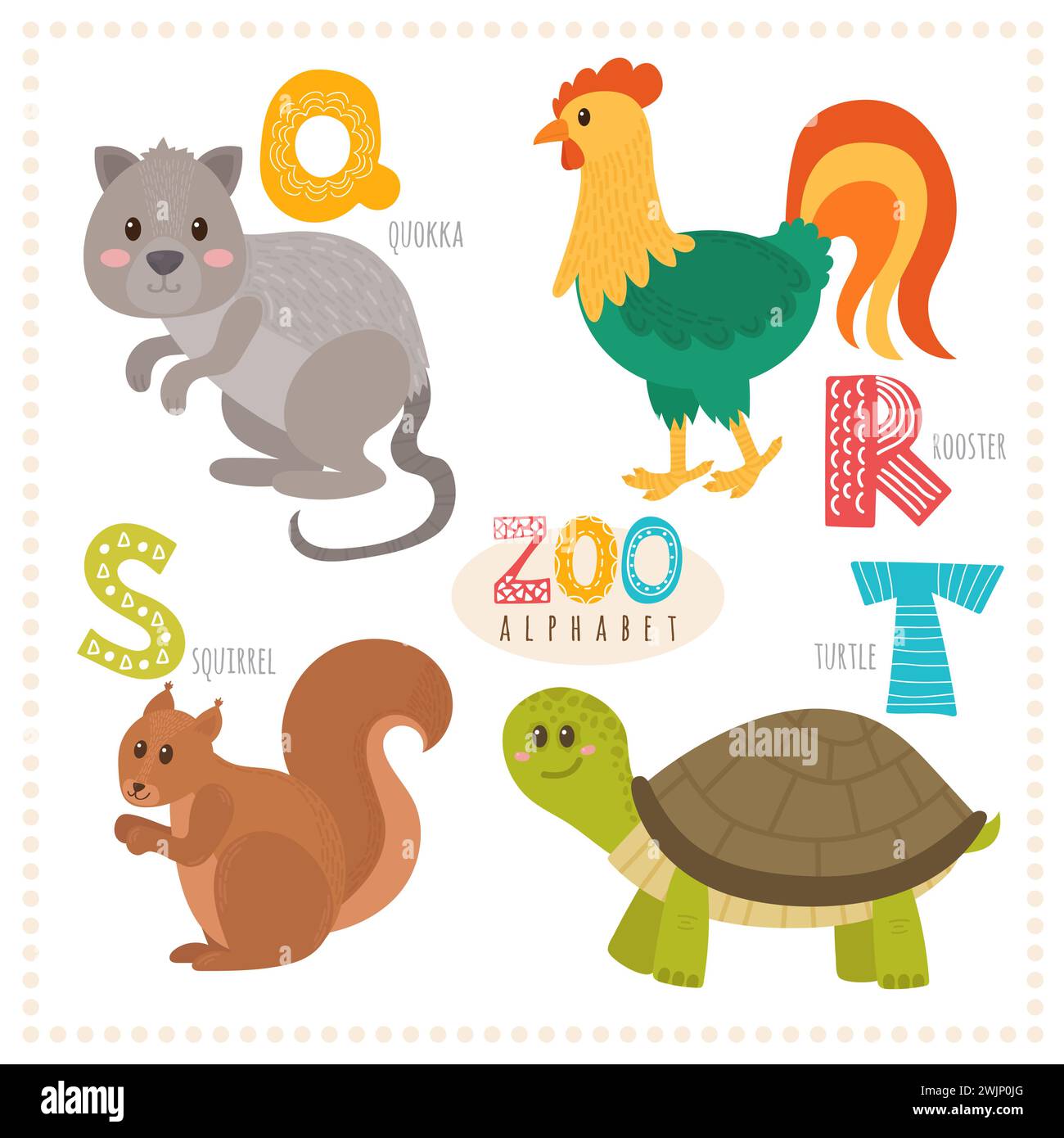 Cute cartoon animals. Zoo alphabet with funny animals. Q, r, s, t ...
