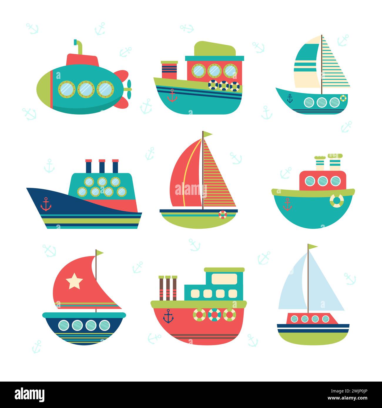 Different kind of boats. Set of sea transport. Fishing boats, yachts ...