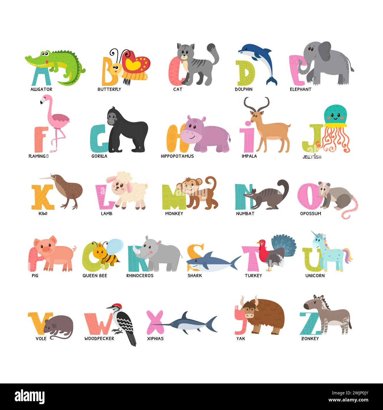 Cute cartoon animals alphabet from A to Z. Vector illustration Stock ...
