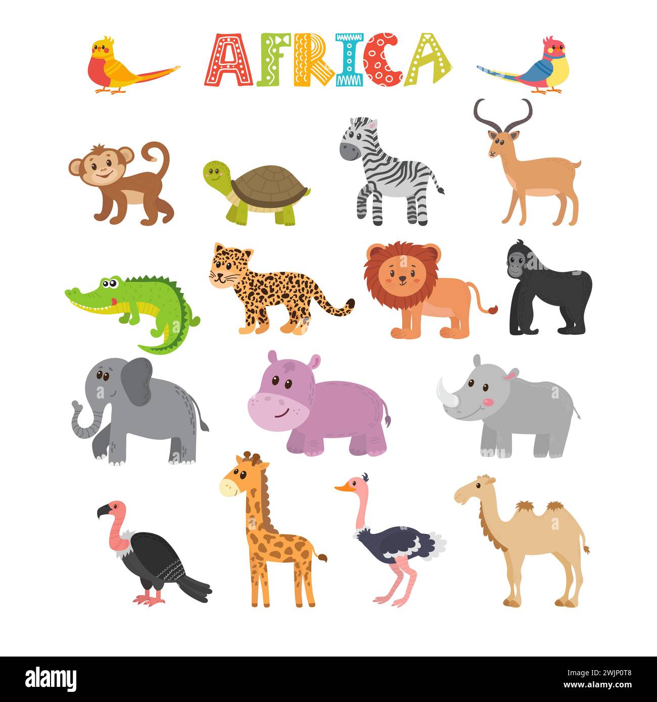Animals of Africa. Vector set of cartoon jungle animals. Vector ...