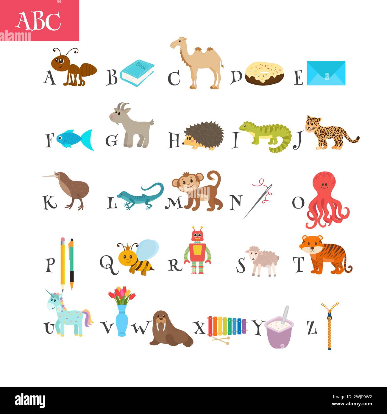ABC. Cartoon vocabulary for education. Children alphabet with cute ...