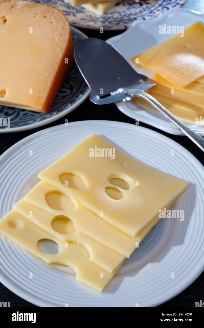 Swiss cheese collection, yellow emmentaler or emmental cheese with ...