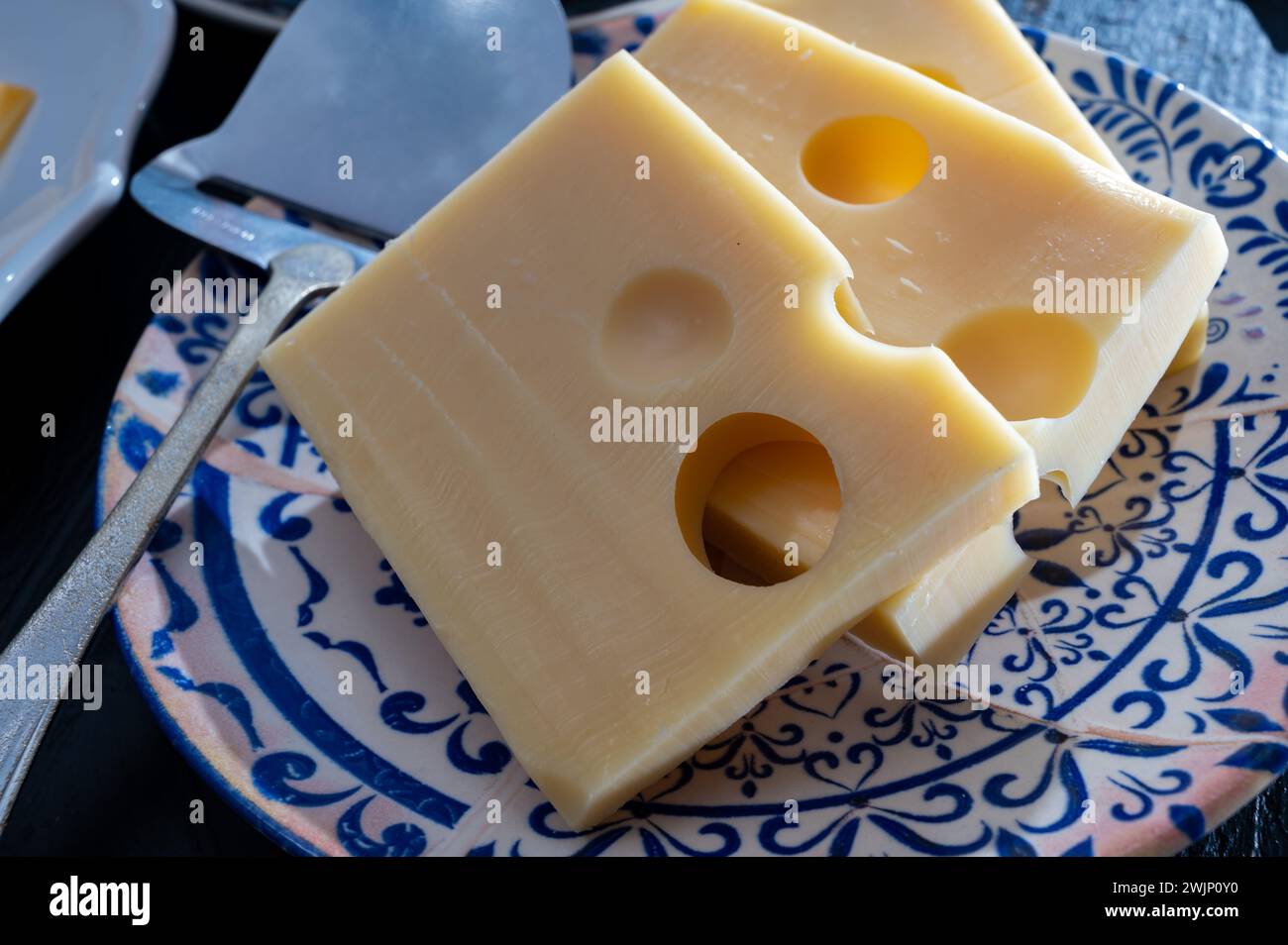 Swiss cheese collection, yellow emmentaler or emmental cheese with ...