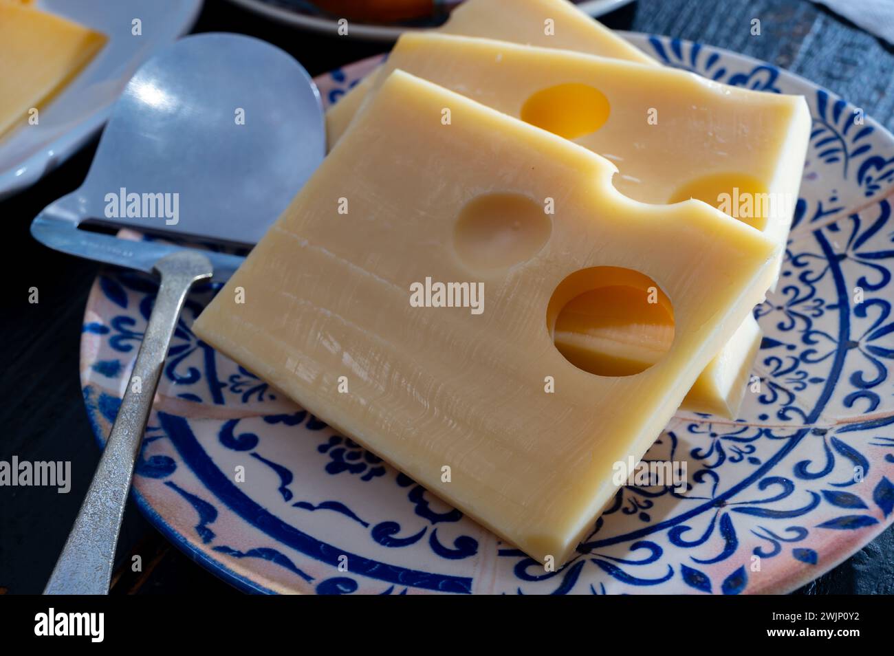 Swiss cheese collection, yellow emmentaler or emmental cheese with ...