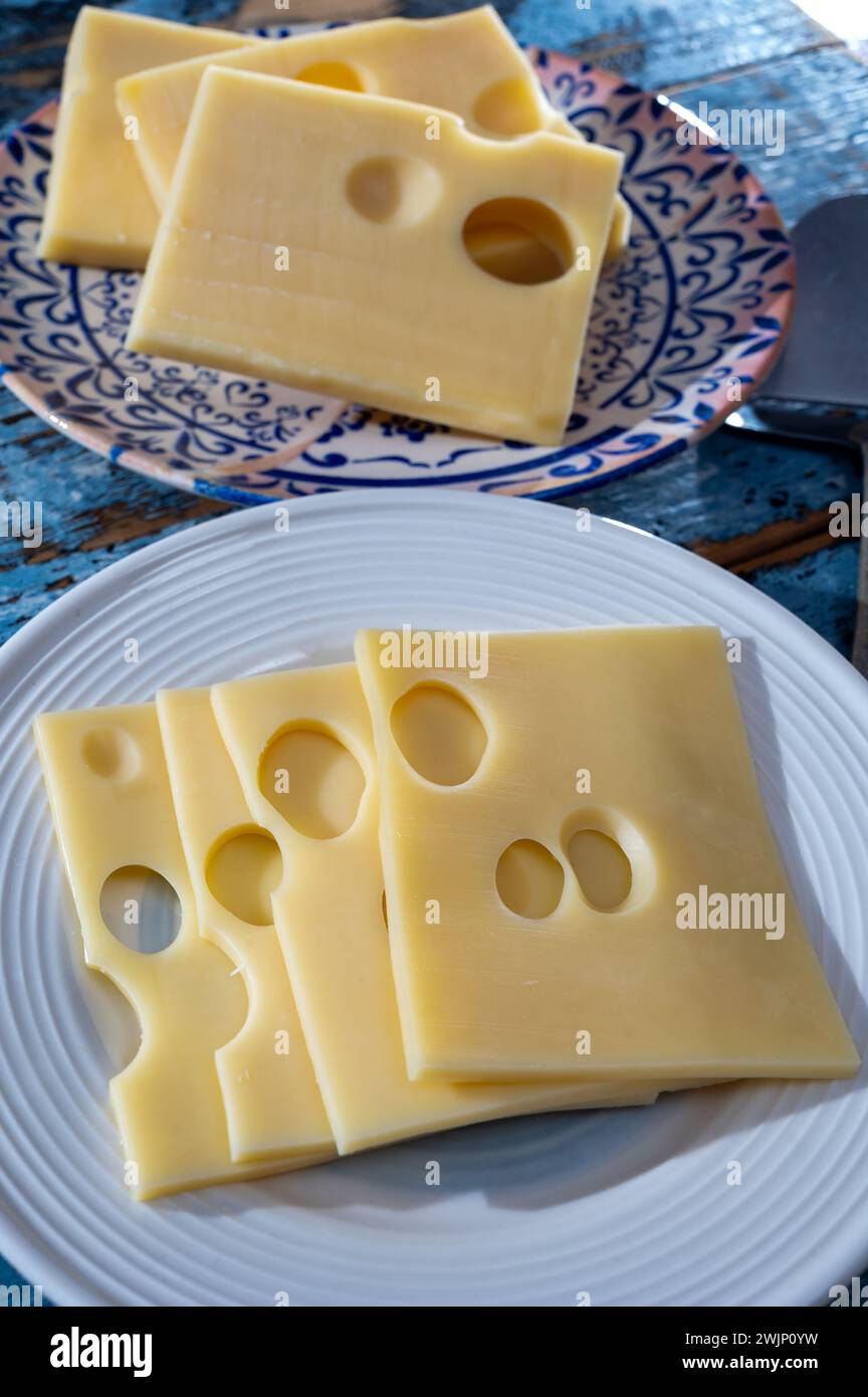 Swiss cheese collection, yellow emmentaler or emmental cheese with ...