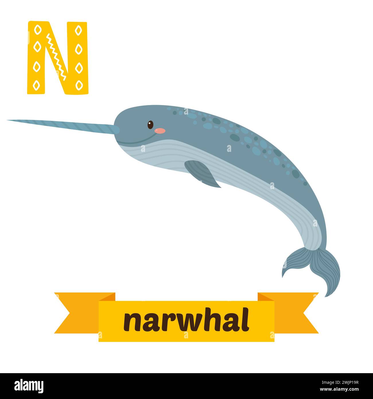 Narwhal. N letter. Cute children animal alphabet in vector. Funny ...