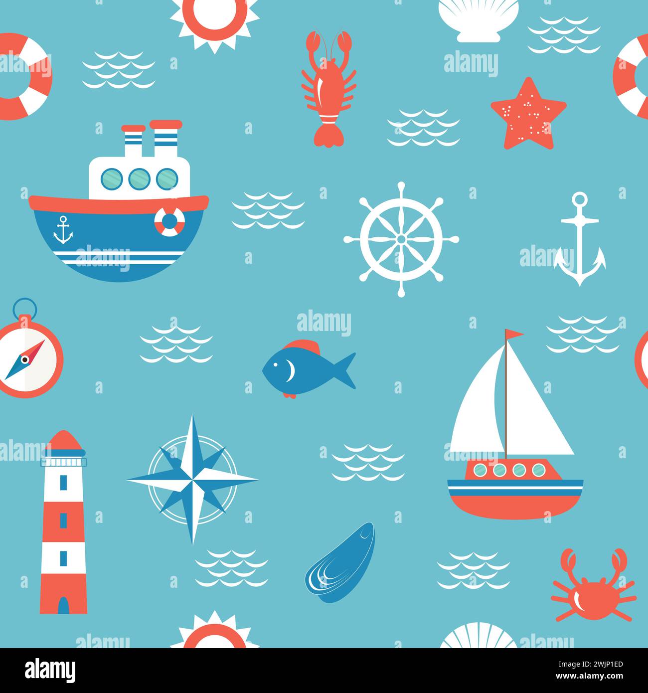 Seamless pattern with nautical design elements. Marine concept background. Vector illustration ...