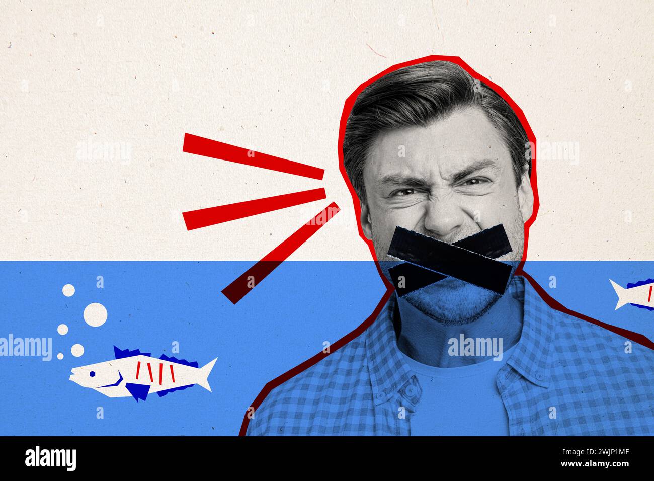 Composite collage picture image of angry man stressed taped mouth drown ...