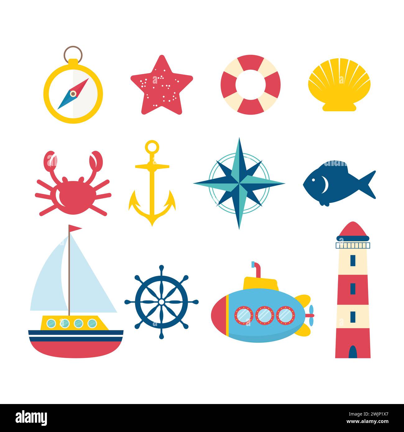 Nautical design elements in flat style. Collection of nautical symbols. Vector illustration ...