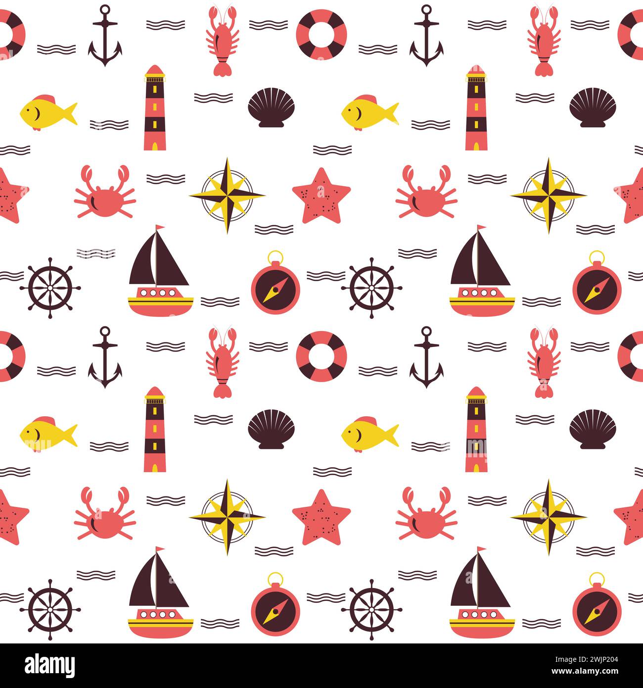 Marine cartoon seamless pattern. Sea theme. Nautical background. Vector ...
