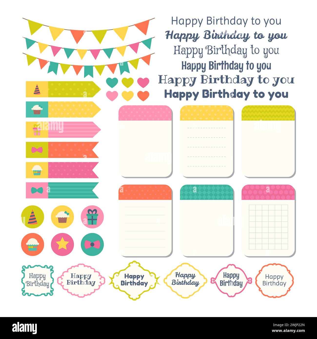 Set of Birthday party design elements. Template for notebooks. Monthly ...
