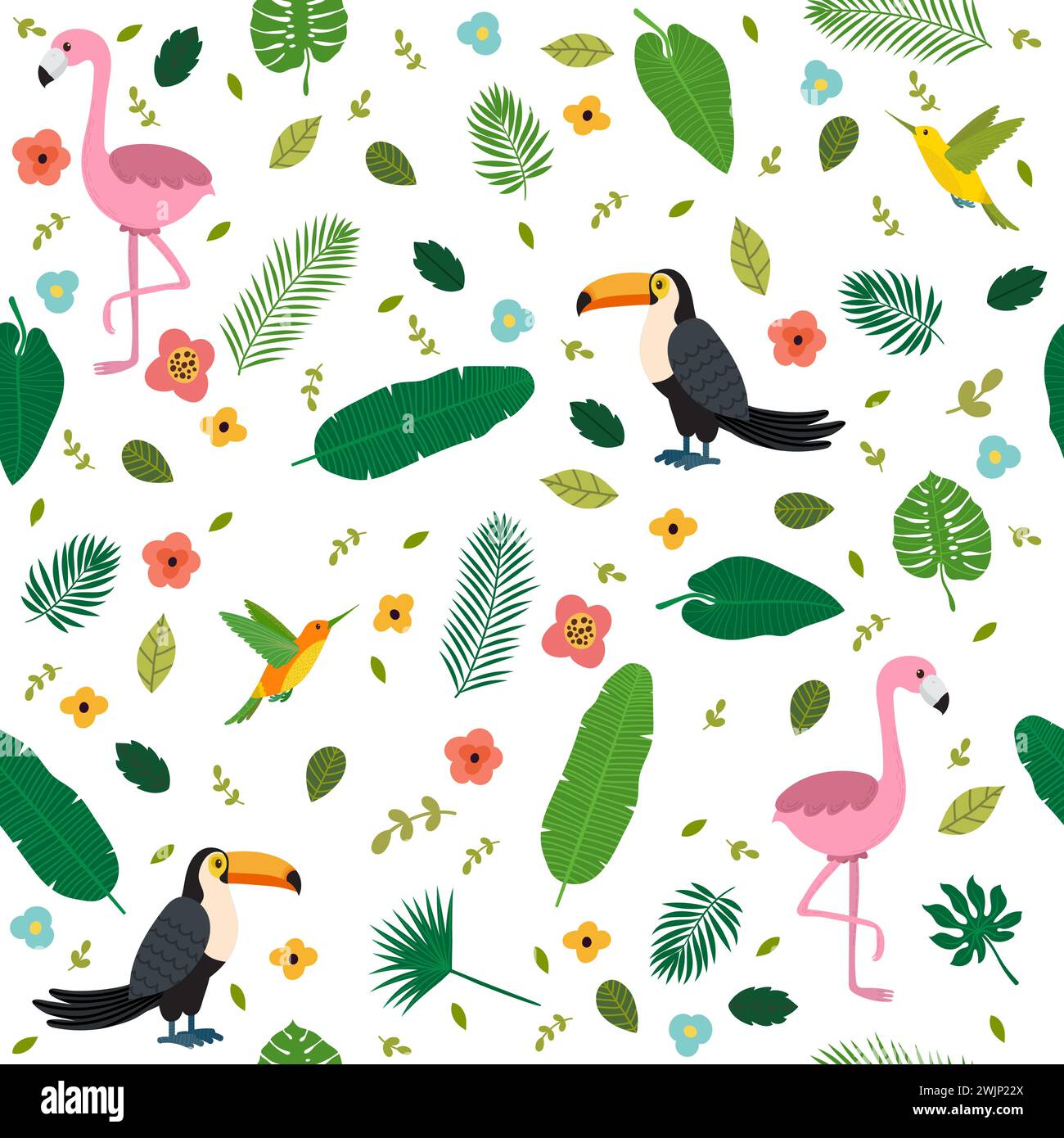 Tropical seamless pattern with pink flamingos, toucans, hummingbirds ...