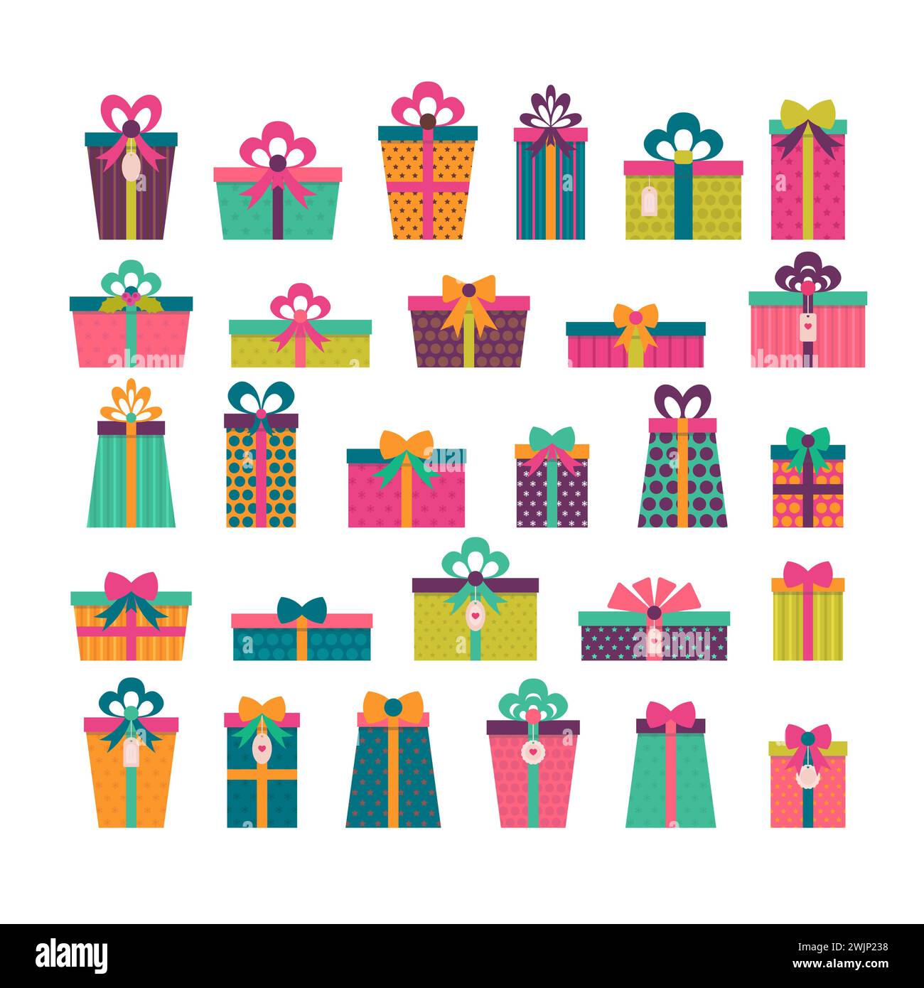 Birthday surprise. Set of different gift boxes. Colorful wrapped gift ...