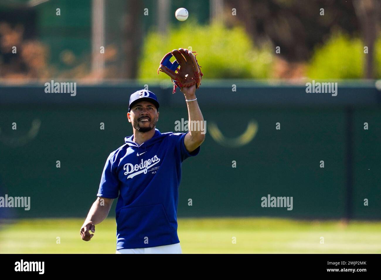 Los Angeles Dodgers right fielder Mookie Betts participates in spring ...