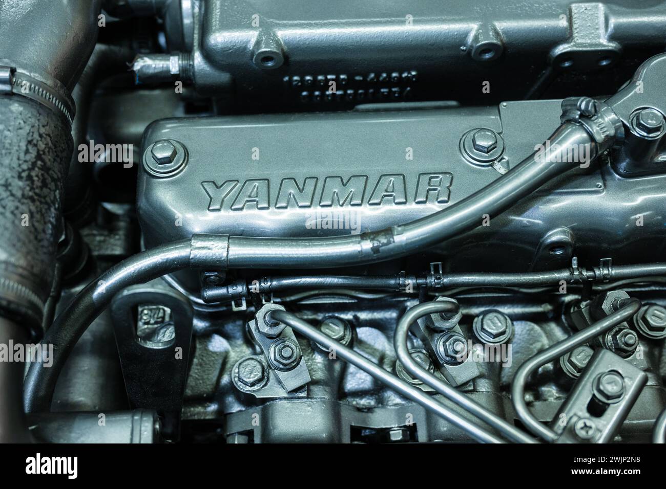 Gothenburg, Sweden - February 11 2024: Details of a Yanmar diesel ...
