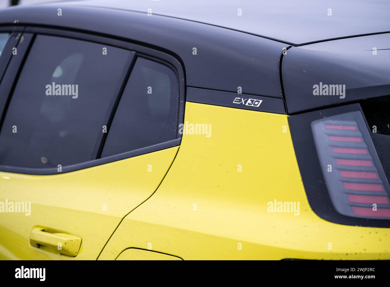 Gothenburg, Sweden - February 11 2024: C pillar badge of a yellow Volvo ...